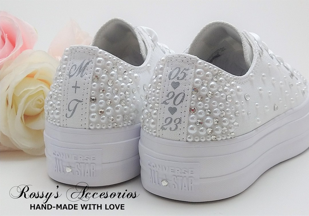 Custom All White Platform Pearls Crystal Wedding Converse Para Novia ...