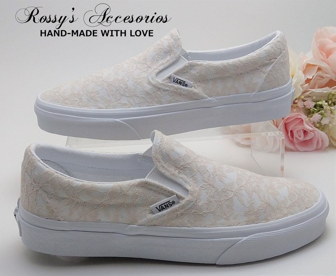 Slip on CHAMPAGNE Lace Wedding Vans, Ivory Lace Vans Slip on Sneakers ...
