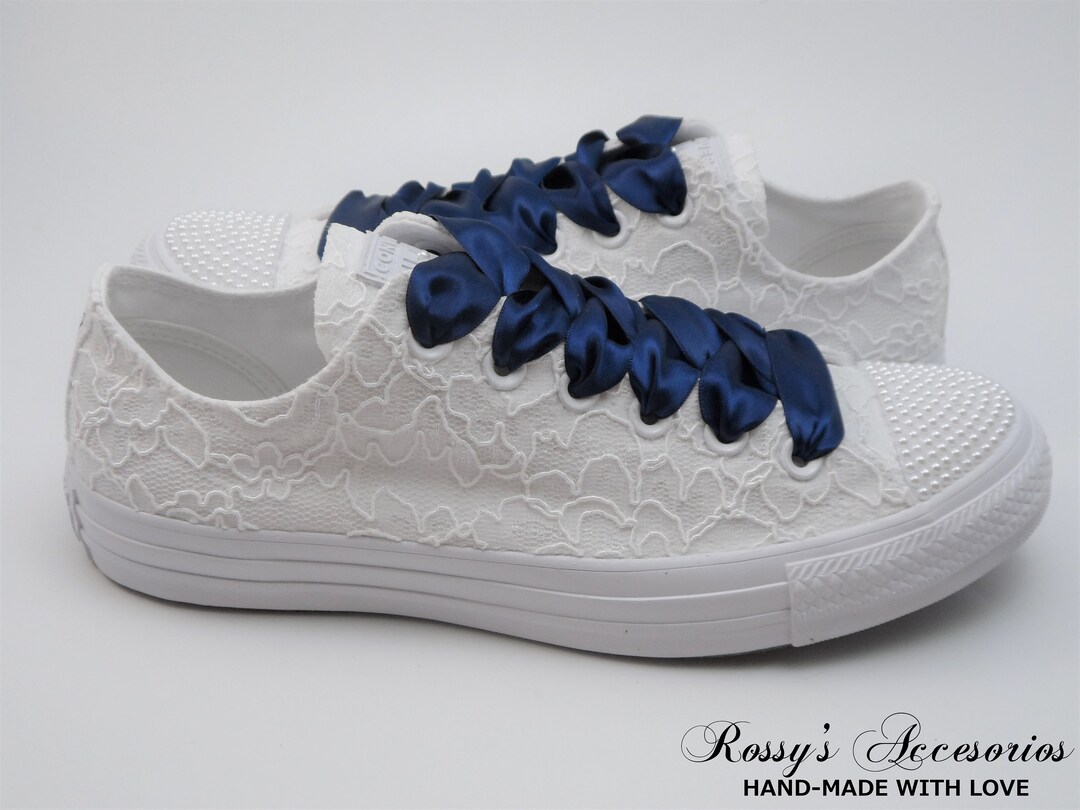Personalized Wedding Converse: White Lace, Navy Blue Satin Ribbon - Etsy