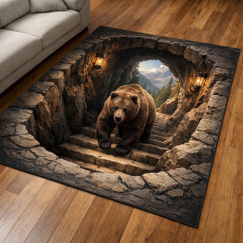 Alfombra 3D con diseño de cueva de oso, estilo cabaña rústica con ...