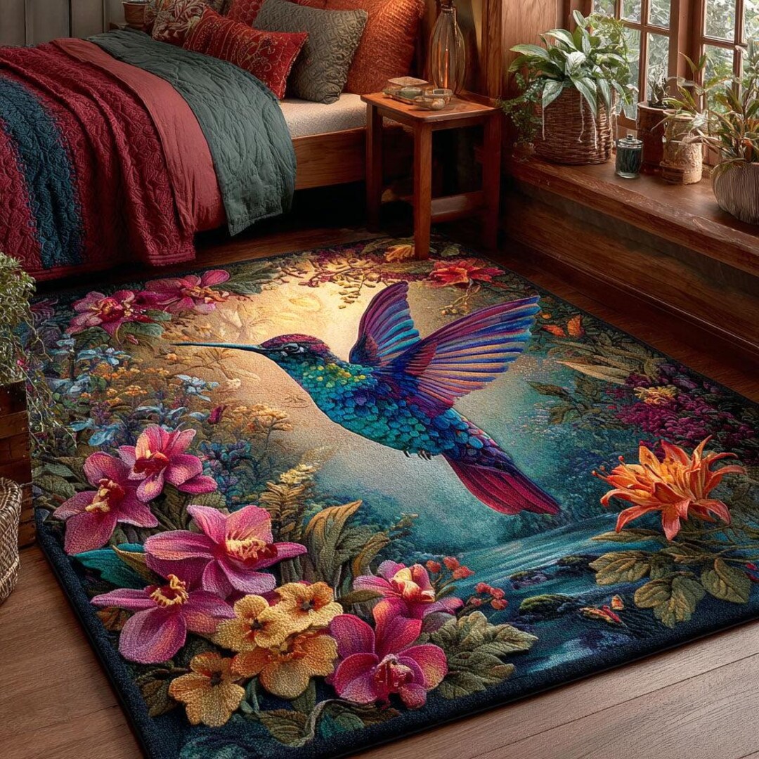 Hummingbird Floral Area Rug, Colorful Hummingbird Floor Rug, Botanical ...