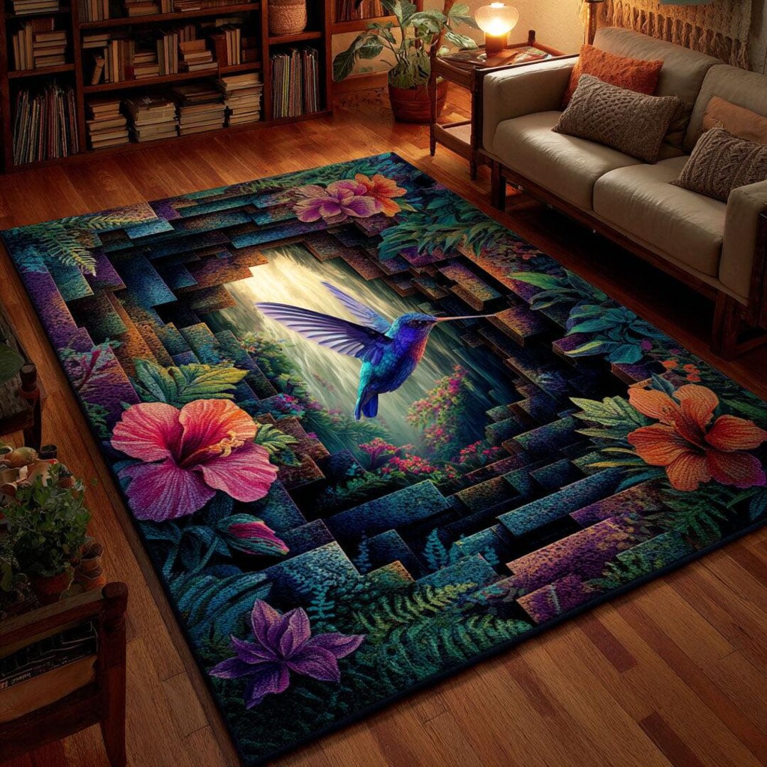 Hummingbird 3D Illusion Area Rug, Tropical Flower Hummingbird Rug ...