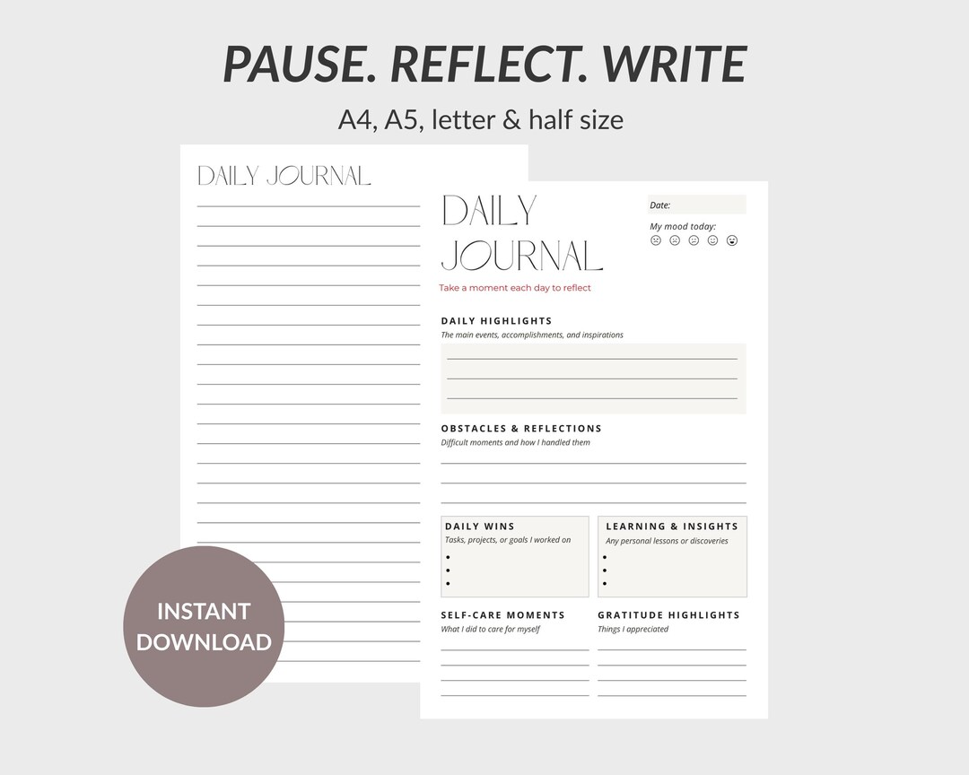 Daily Journal Printable, Self-care Reflection, Gratitude Pages (digital ...