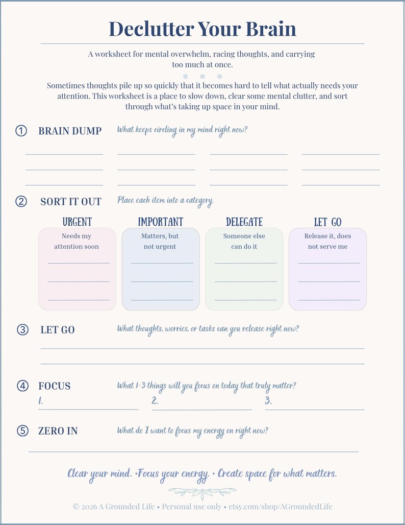 Declutter Your Brain | Brain Dump Worksheet | Mental Clutter ...