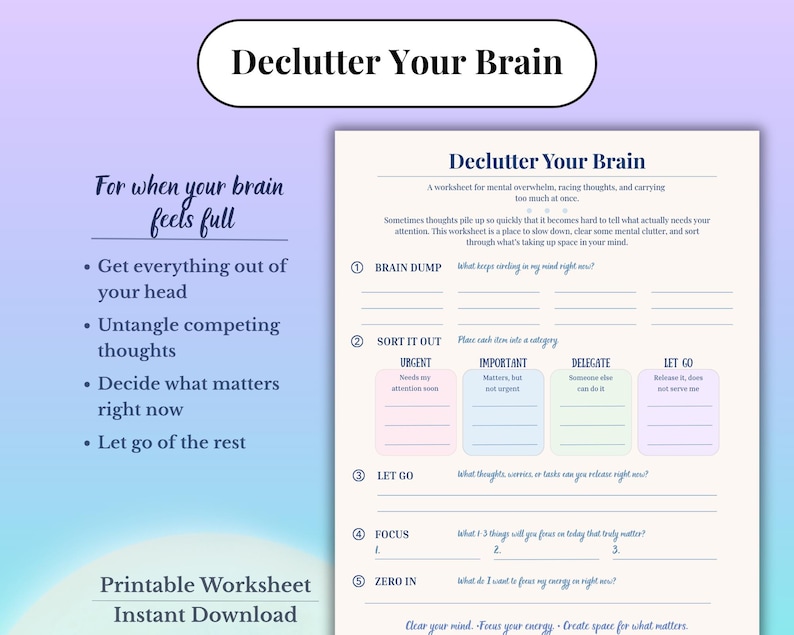 Declutter Your Brain | Brain Dump Worksheet | Mental Clutter ...