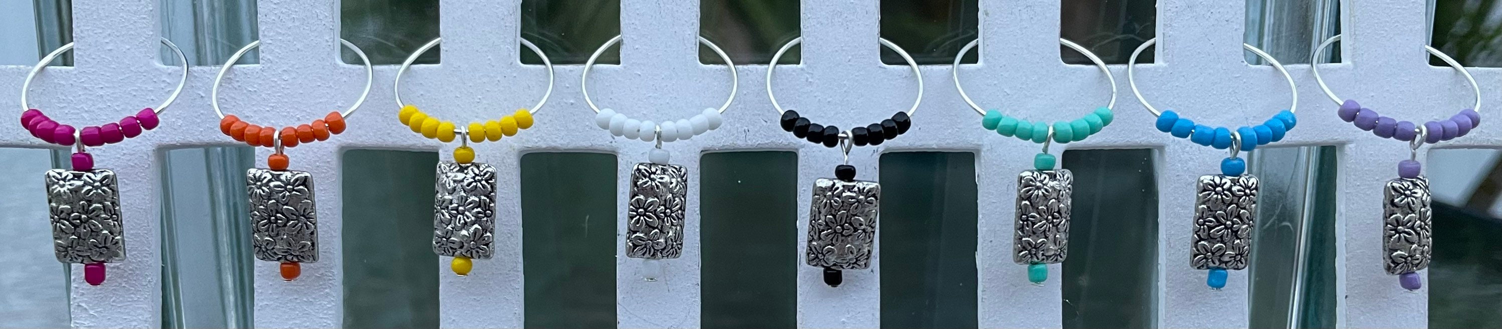 8 Wine Charms: 8 Rectangular Flower Printed Silver Wine Charms With ...
