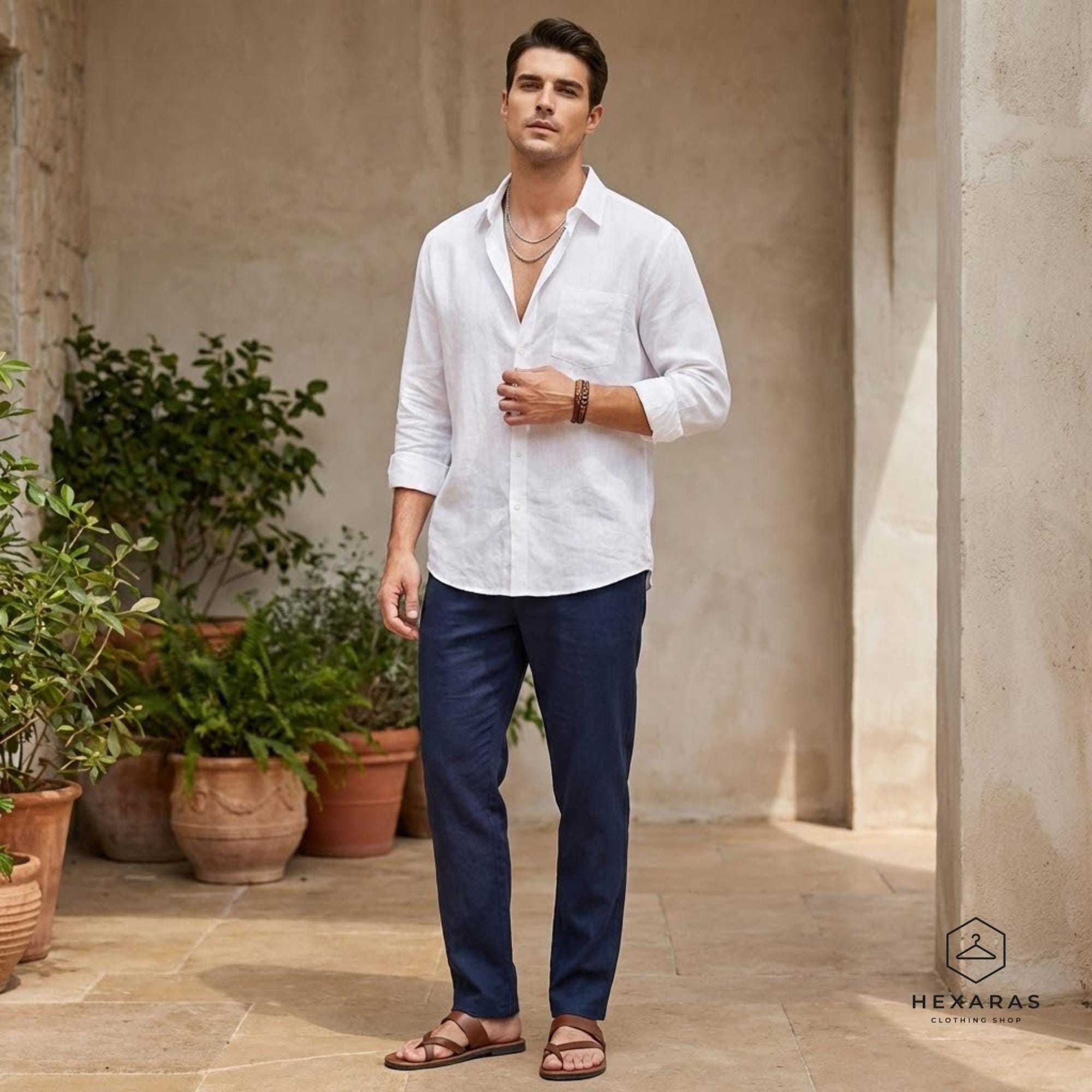Men’s Linen Shirt Button up – Relaxed Fit Summer Long Sleeve, Beach ...