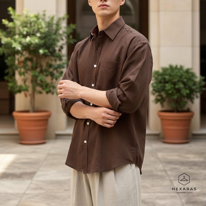 Men’s Linen Shirt Button up – Relaxed Fit Summer Long Sleeve, Beach ...