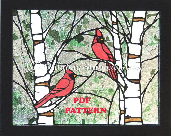 Handcrafted Stained Glass Panel With Red Cardinal and White Birch Trees ...