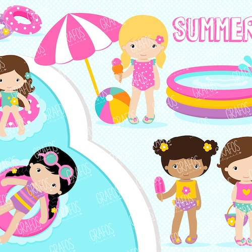 GIRLS POOL PARTY Digital Clipart Set Pool Clipart Summer - Etsy