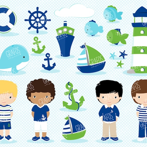 NAUTICAL BOYS Digital Clipart Set Nautical Clipart Navy - Etsy