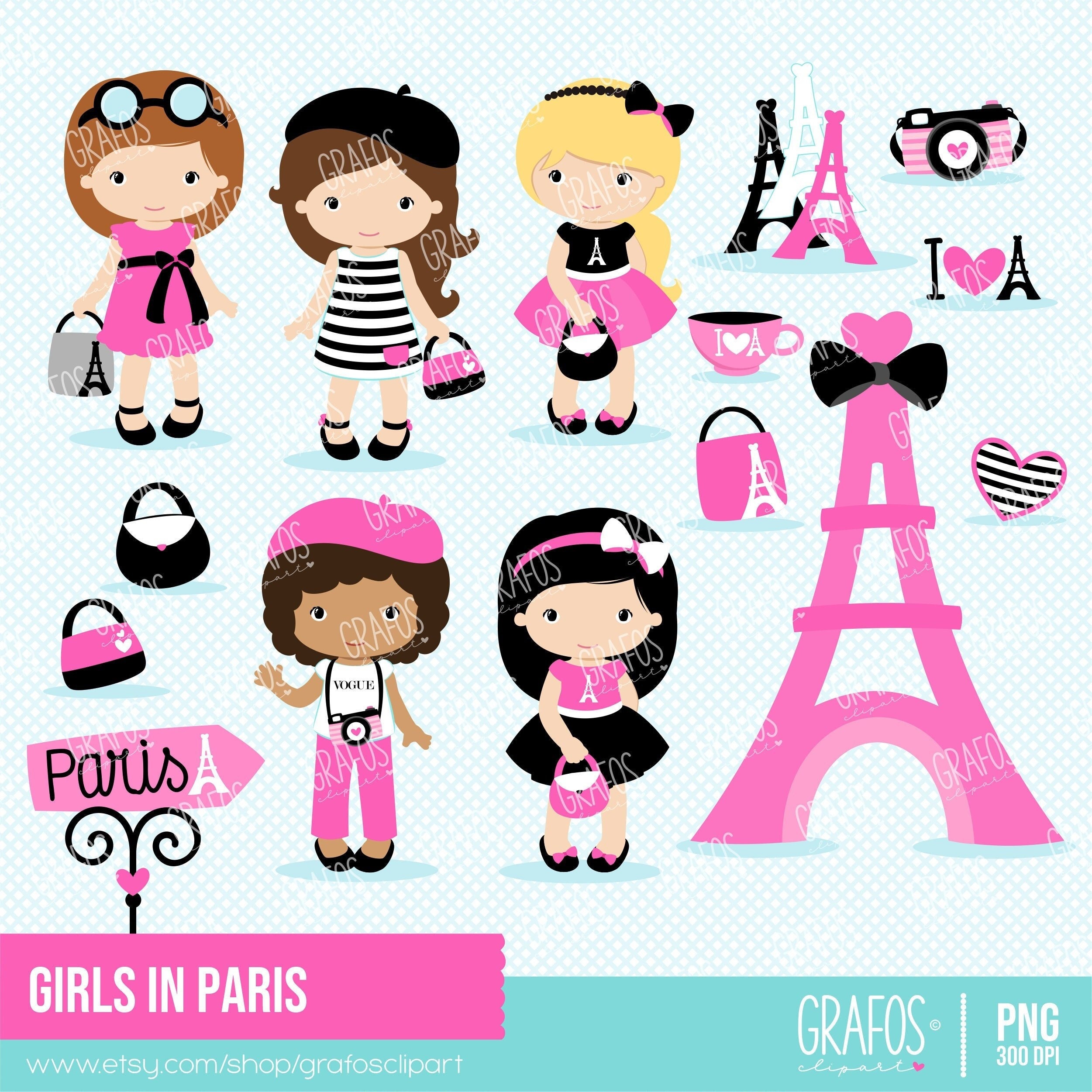 GIRLS IN PARIS Digital Clipart Set Paris Clipart Eiffel - Etsy