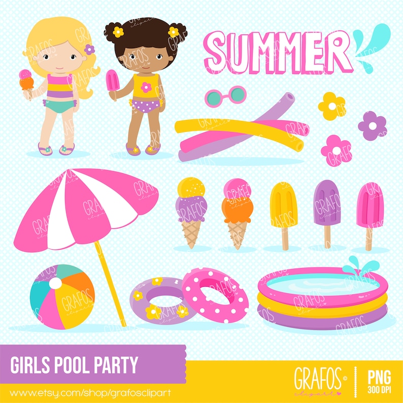 GIRLS POOL PARTY Digital Clipart Set Pool Clipart Summer - Etsy