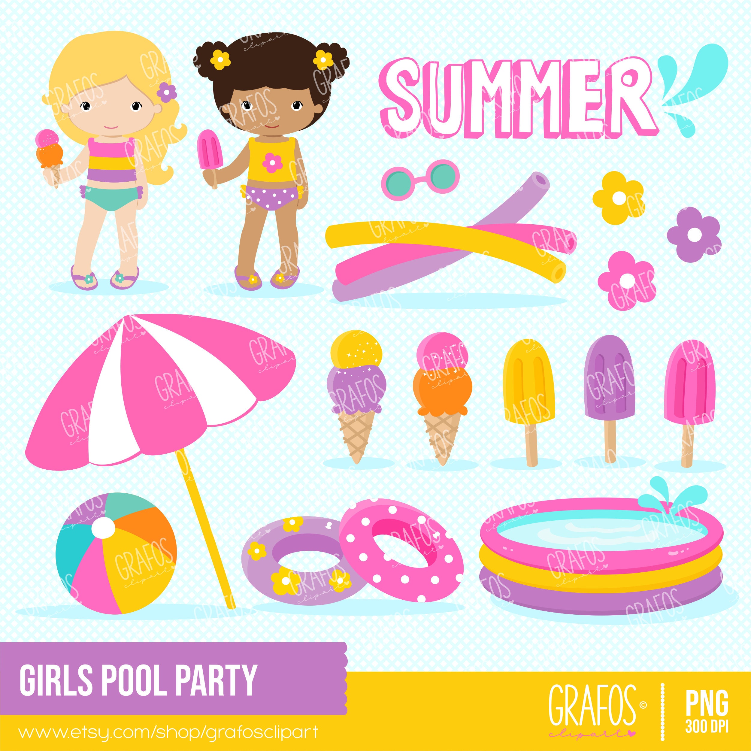 GIRLS POOL PARTY Digital Clipart Set Pool Clipart Summer - Etsy
