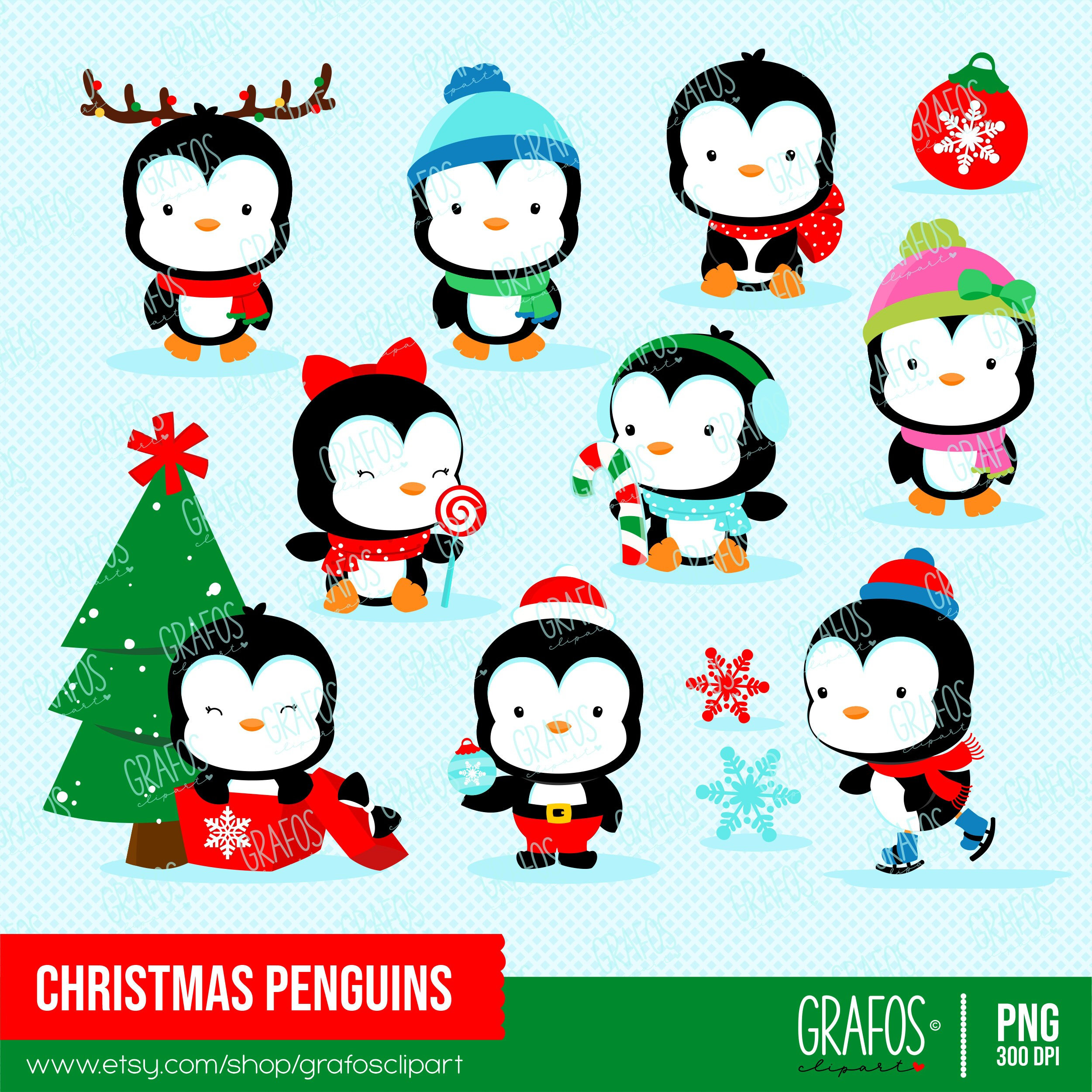 CHRISTMAS PENGUINS Digital Clipart Set Merry Christmas - Etsy