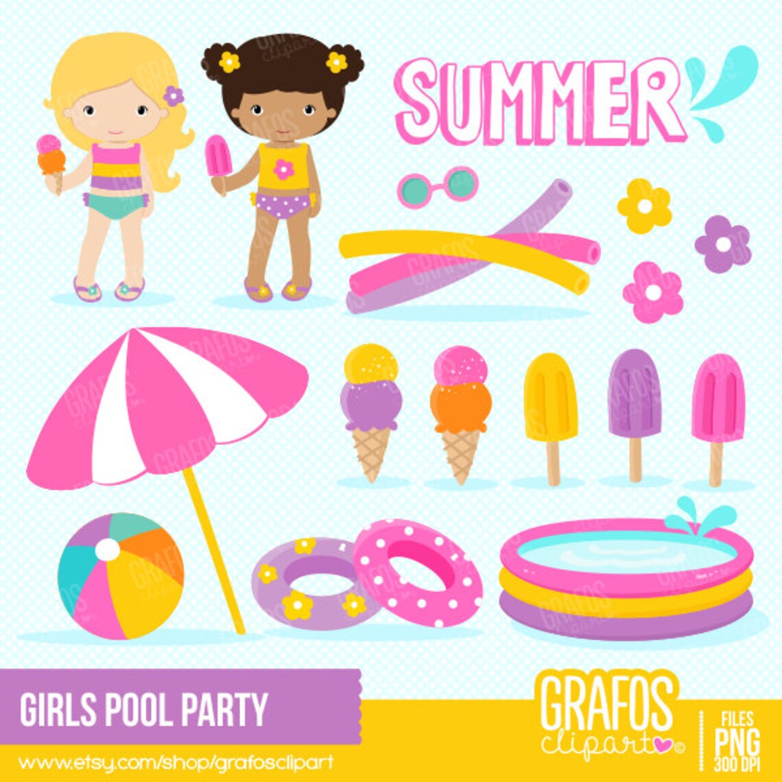 GIRLS POOL PARTY Digital Clipart Set Pool Clipart Summer | Etsy