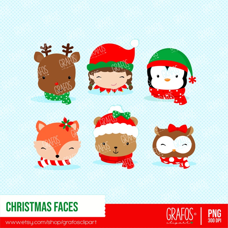CHRISTMAS FACES Digital Clipart Set Merry Christmas - Etsy
