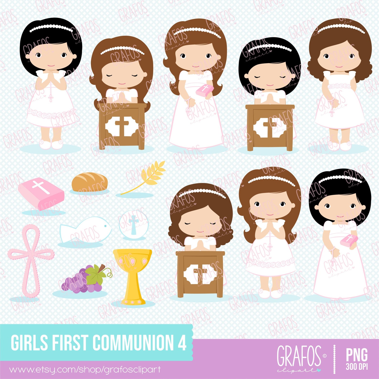 GIRLS FIRST COMMUNION 4 - Digital Clipart Set, My First Communion ...