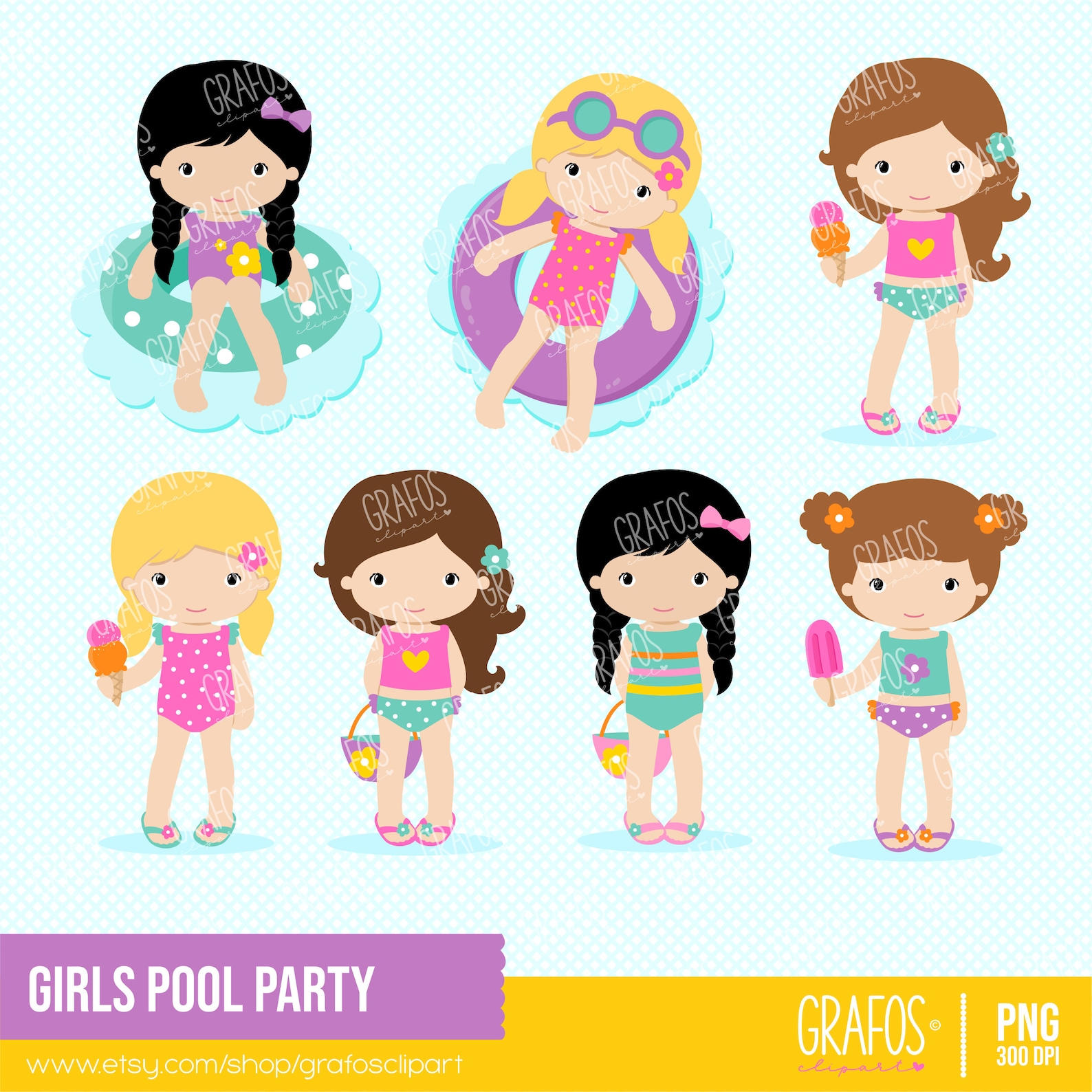 GIRLS POOL PARTY Digital Clipart Set Pool Clipart Summer - Etsy