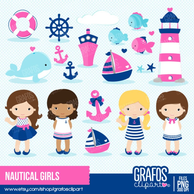 NAUTICAL GIRLS Digital Clipart Set Nautical Clipart Navy | Etsy