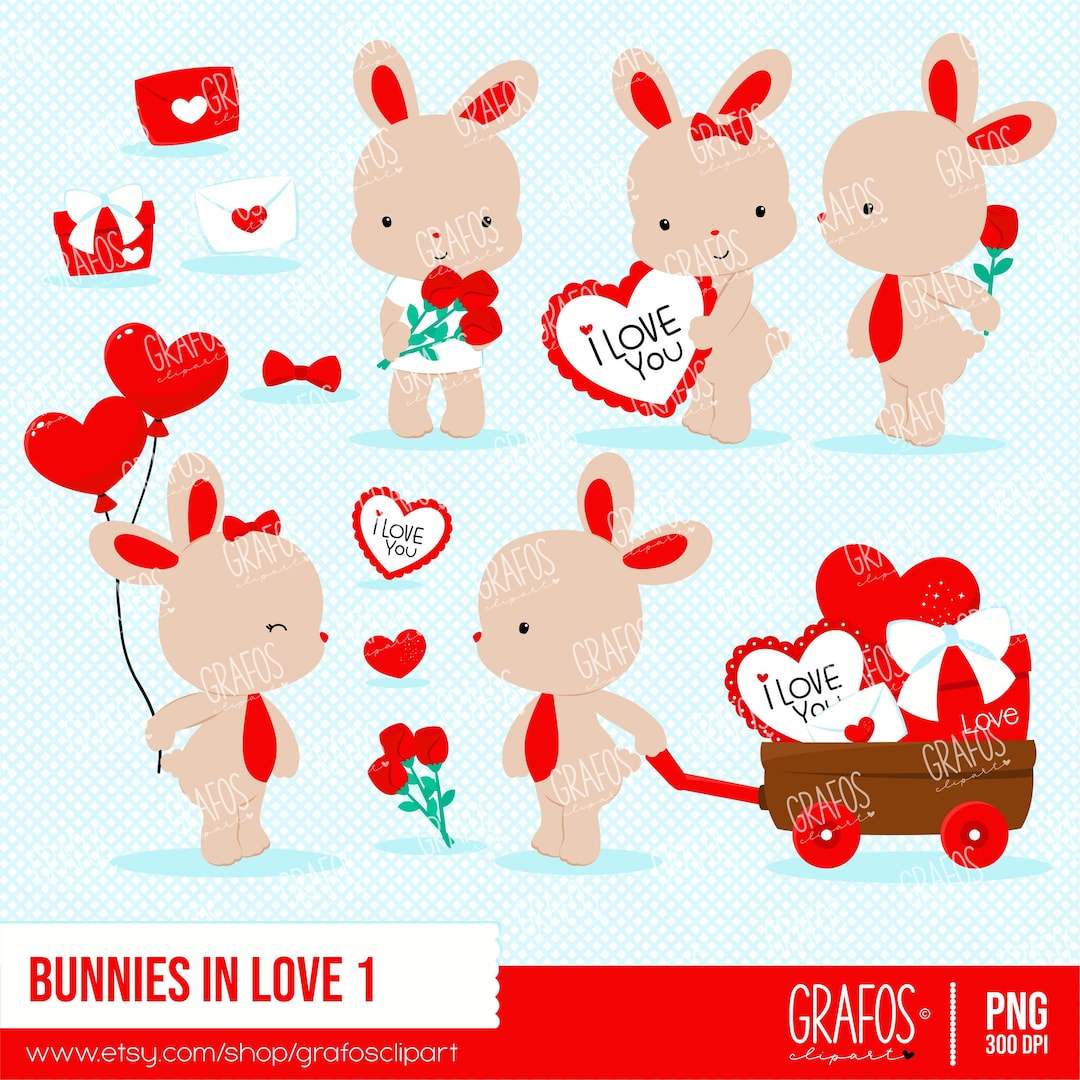 BUNNIES IN LOVE 1 - Digital Clipart Set, Bunnies Clipart, Valentine ...