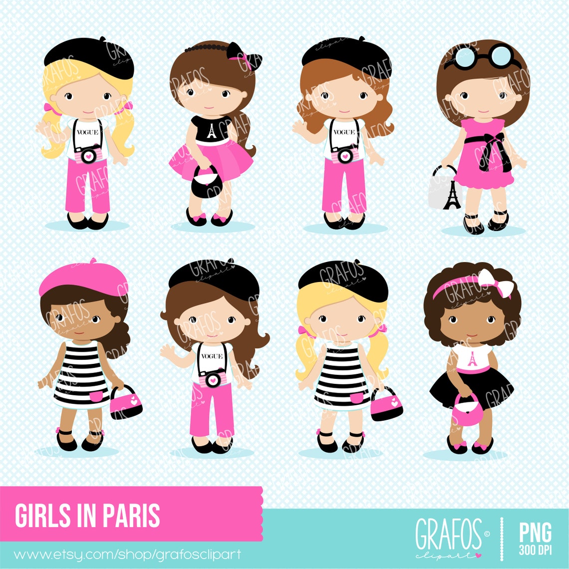 GIRLS IN PARIS Digital Clipart Set Paris Clipart Eiffel - Etsy
