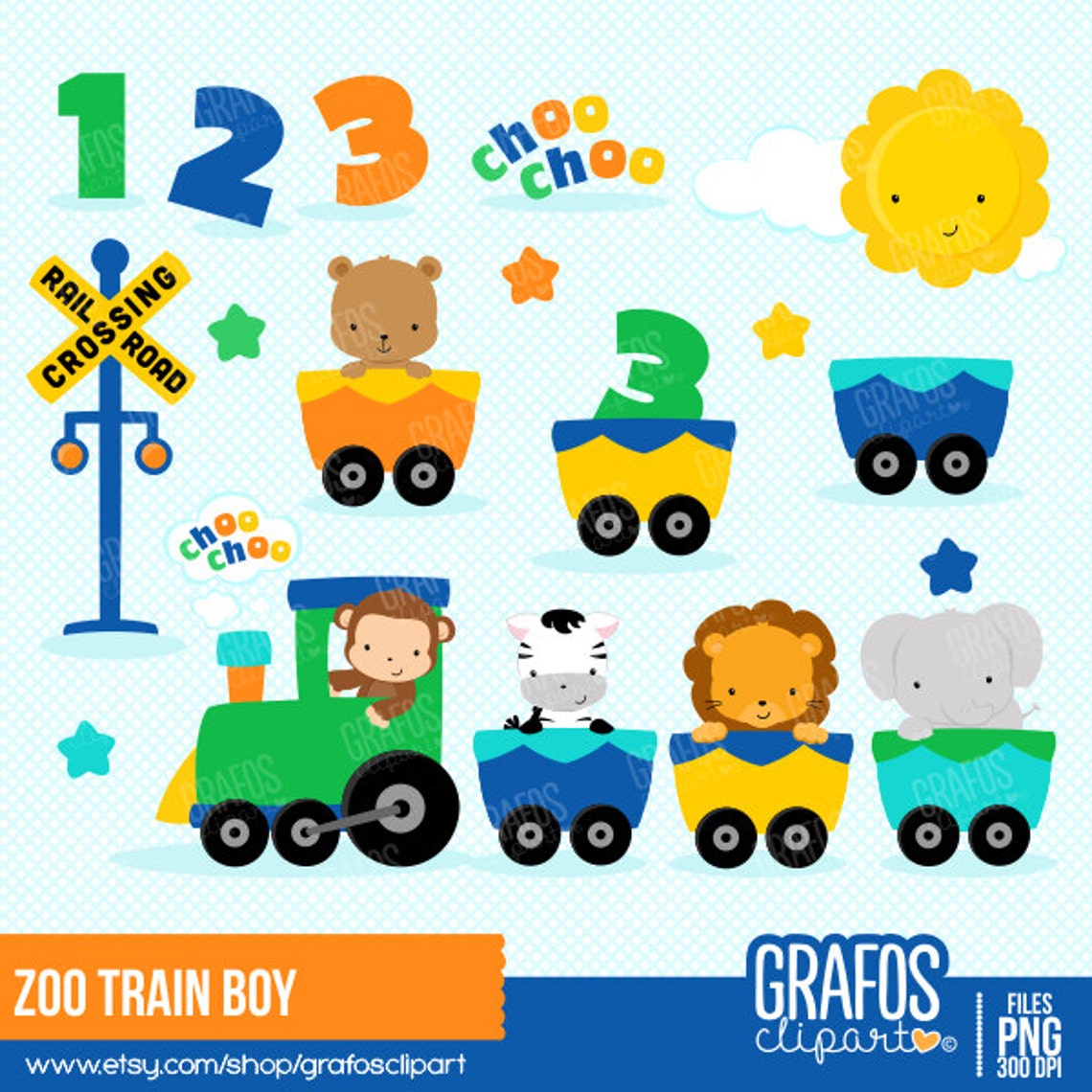 ZOO TRAIN BOY Digital Clipart Set Train Clipart Animals | Etsy