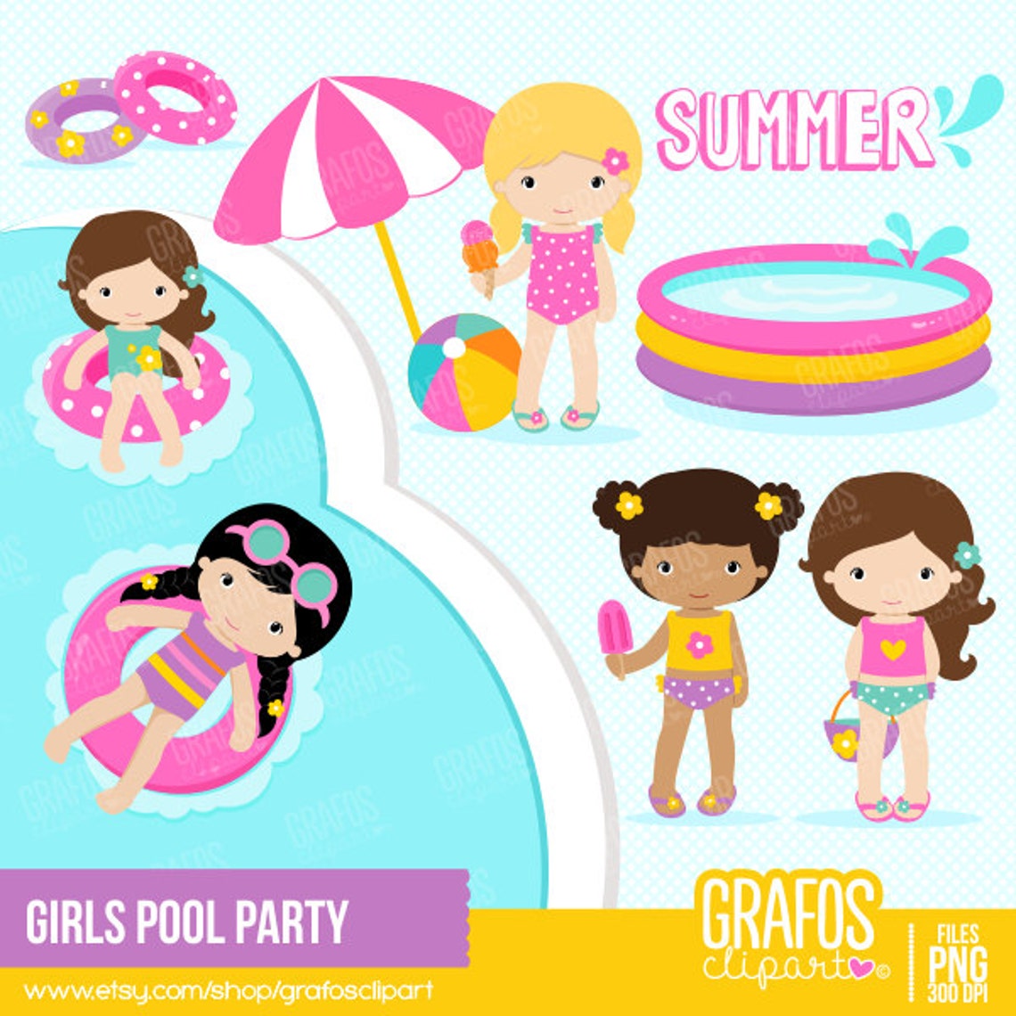 GIRLS POOL PARTY Digital Clipart Set Pool Clipart Summer | Etsy