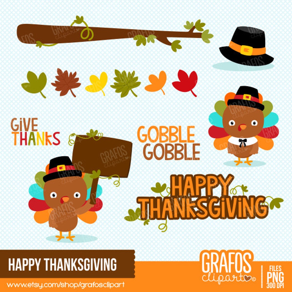HAPPY THANKSGIVING Digital Clipart Set Thanksgiving | Etsy
