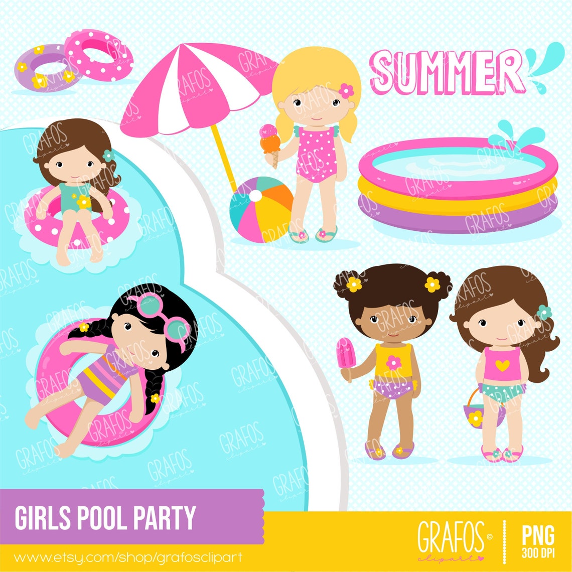 GIRLS POOL PARTY Digital Clipart Set Pool Clipart Summer - Etsy