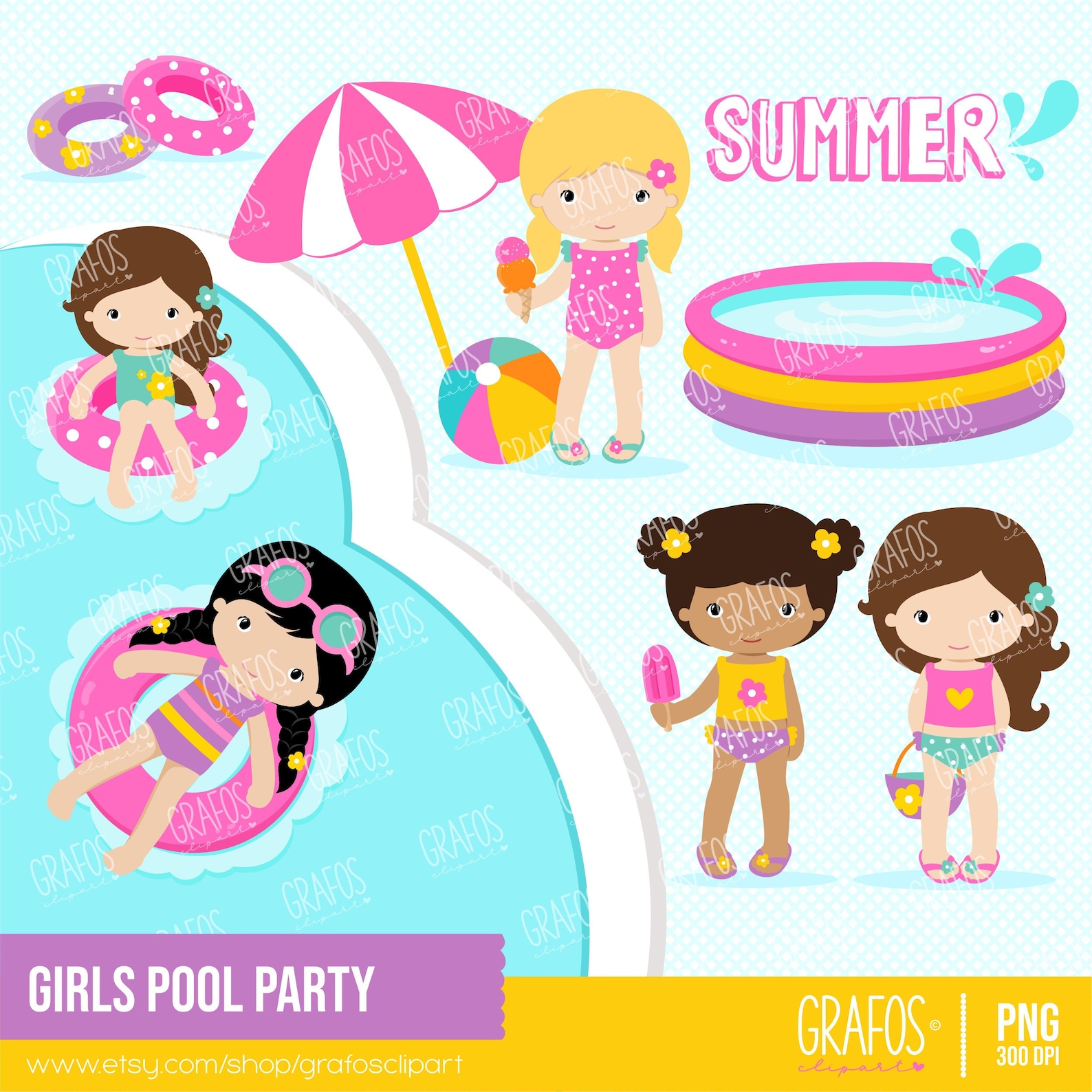GIRLS POOL PARTY Digital Clipart Set Pool Clipart Summer - Etsy