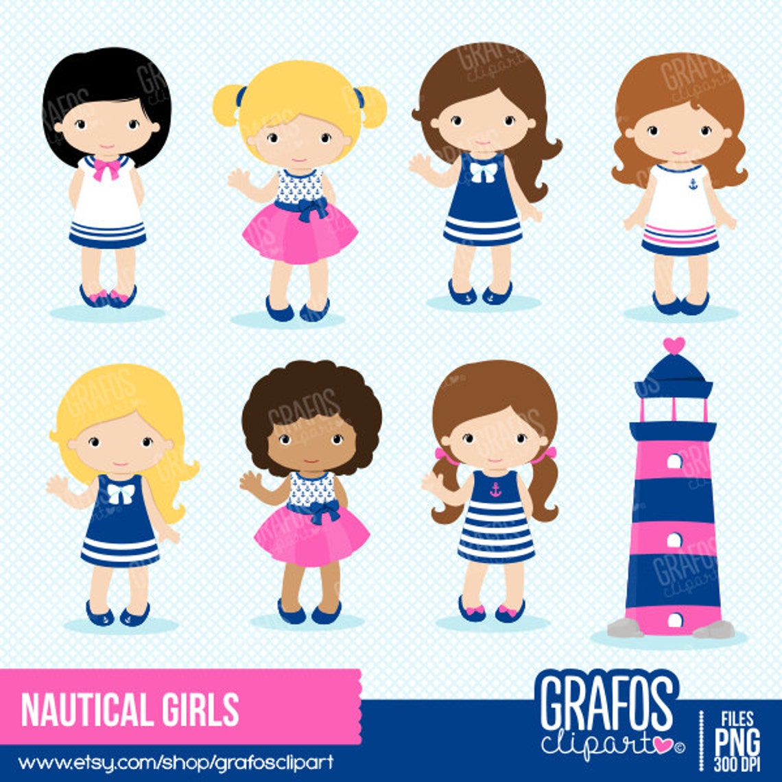 NAUTICAL GIRLS Digital Clipart Set Nautical Clipart Navy | Etsy