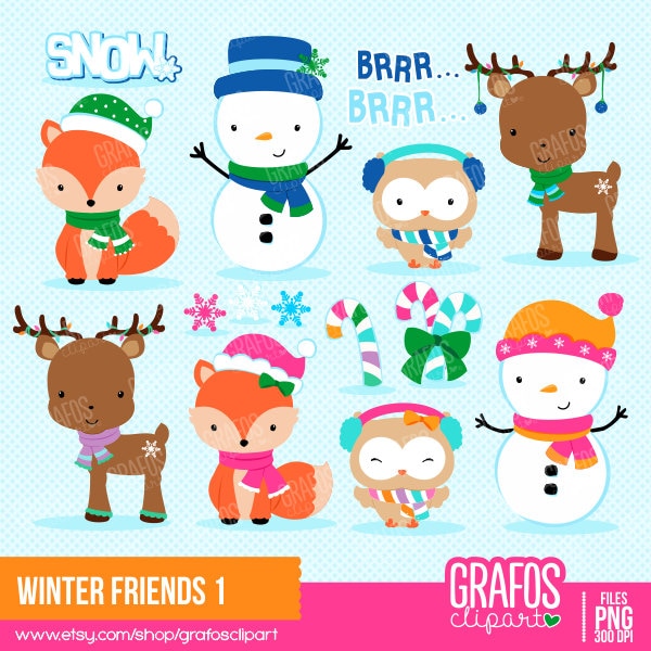 WINTER FRIENDS 1 Digital Clipart Set Merry Christmas | Etsy