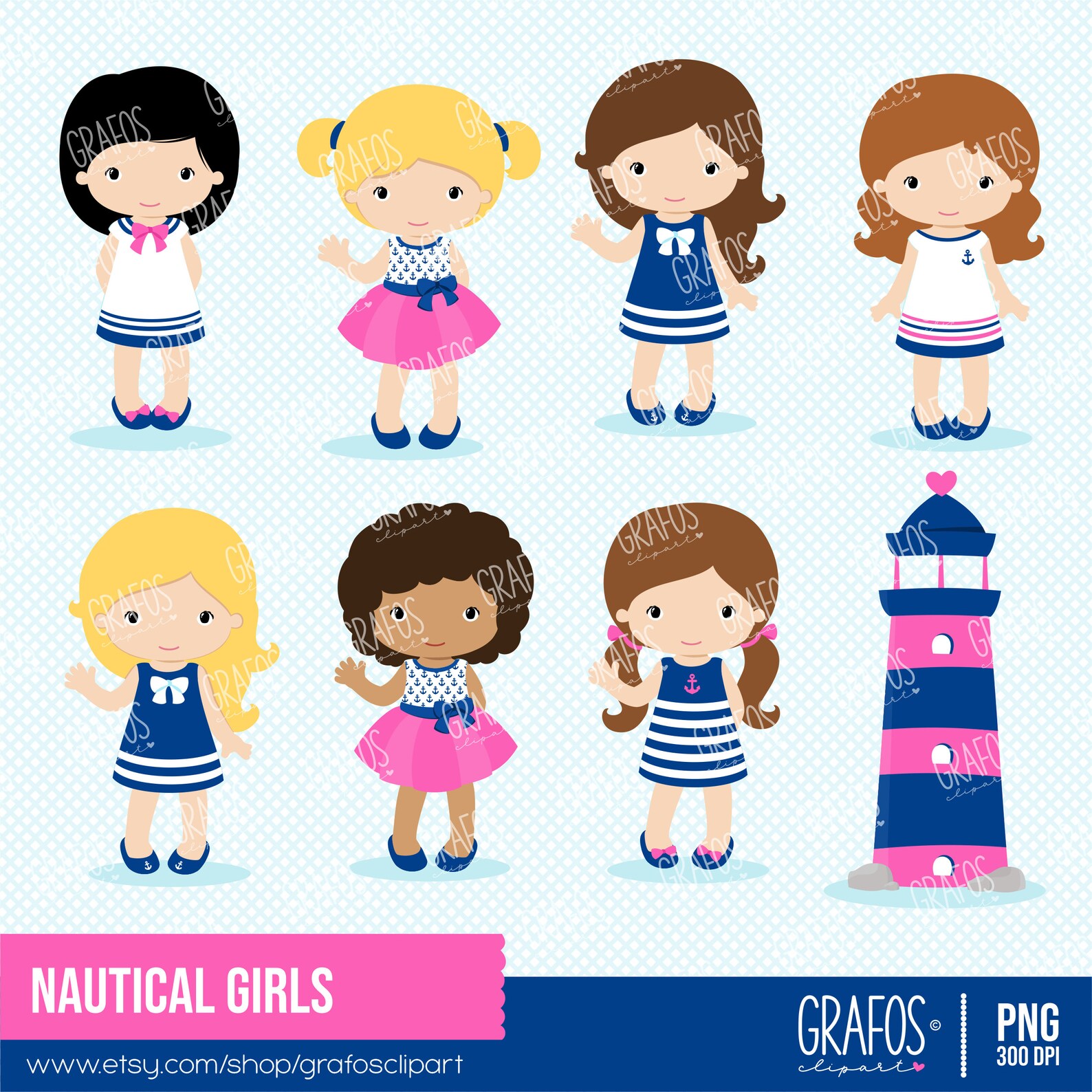 NAUTICAL GIRLS Digital Clipart Set Nautical Clipart Navy - Etsy