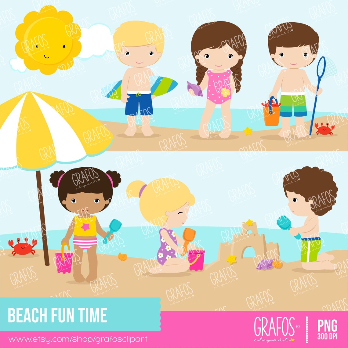 BEACH FUN TIME - Digital Clipart Set, Beach Clipart, Summer Clipart ...