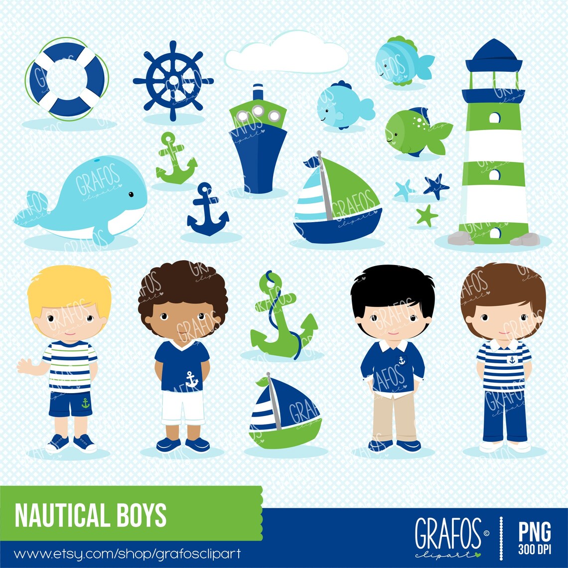NAUTICAL BOYS Digital Clipart Set Nautical Clipart Navy - Etsy