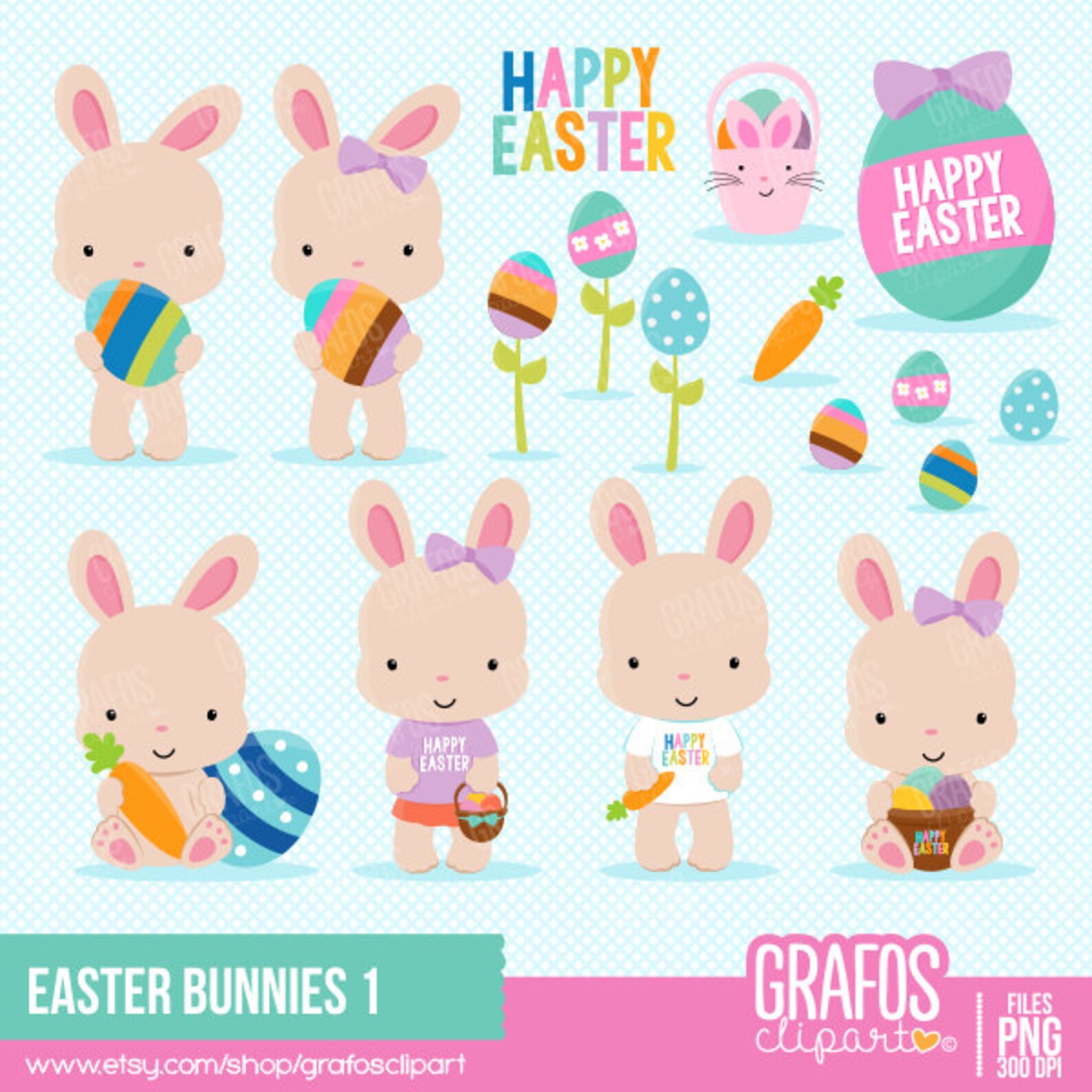 EASTER BUNNIES 1 Digital Clipart Set Bunnies Clipart | Etsy