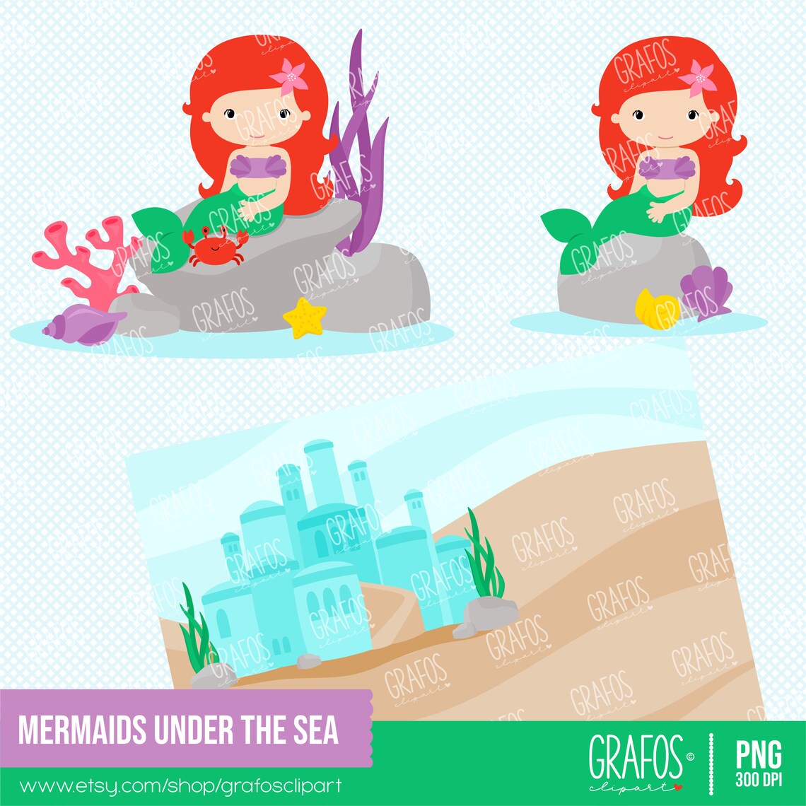 MERMAID Under the Sea - Digital Clipart Set, Mermaids Clipart, Sea ...