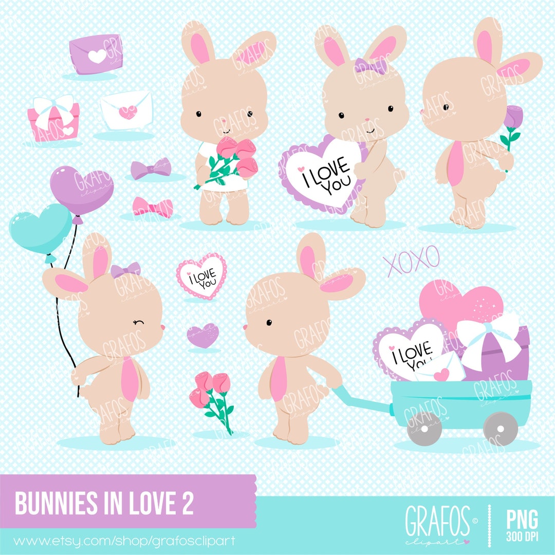 BUNNIES IN LOVE 2 - Digital Clipart Set, Bunnies Clipart, Valentine ...