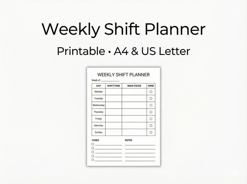 Weekly Shift Planner Printable | A4 & US Letter | Minimal Work Schedule ...