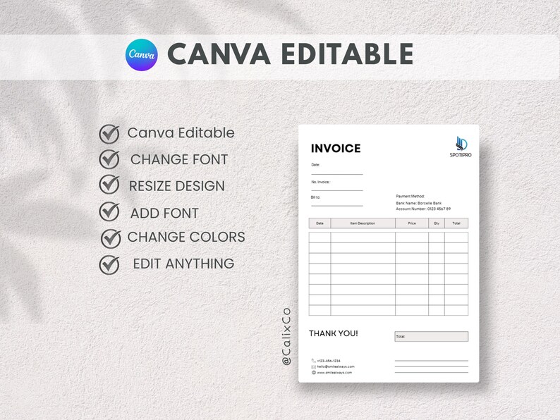 Canva Invoice Template | Editable Small Business Billing Form (digital ...