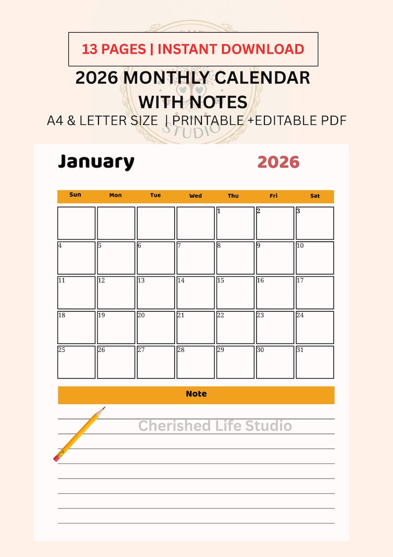 2026 Monthly Calendar With Notes | Portrait, Sunday Start (digital ...