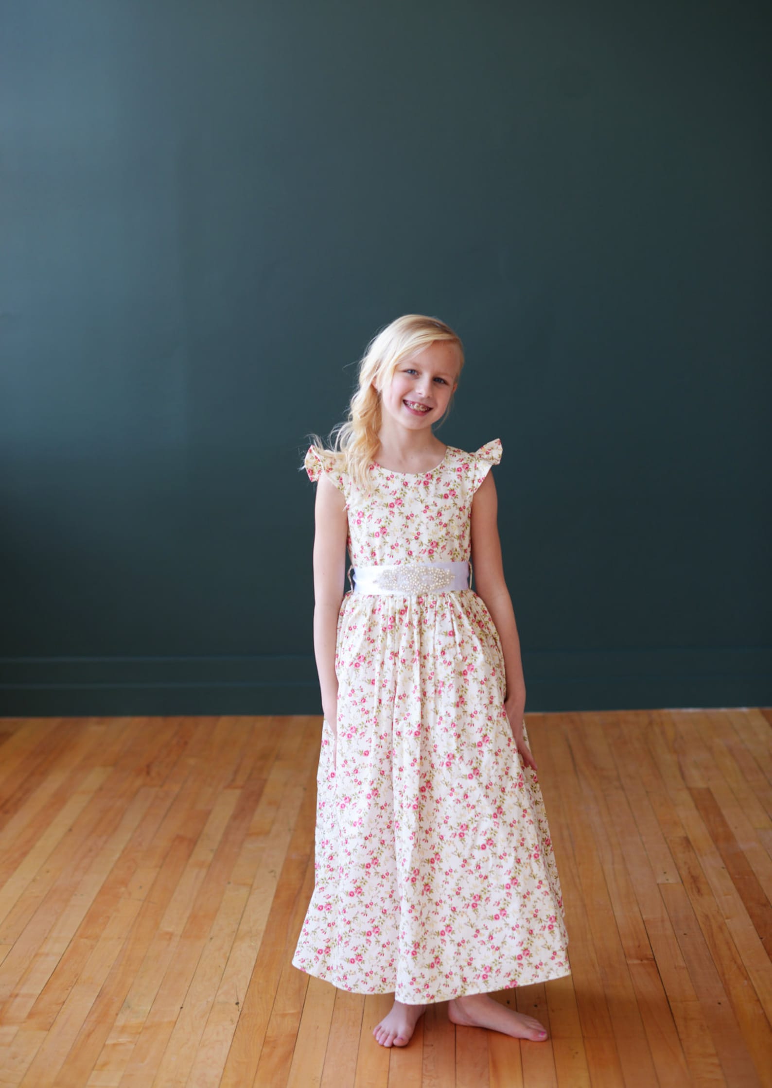 Floral Print Flower Girl Dress With Diamante Sash and Butterfly Sleeves ...