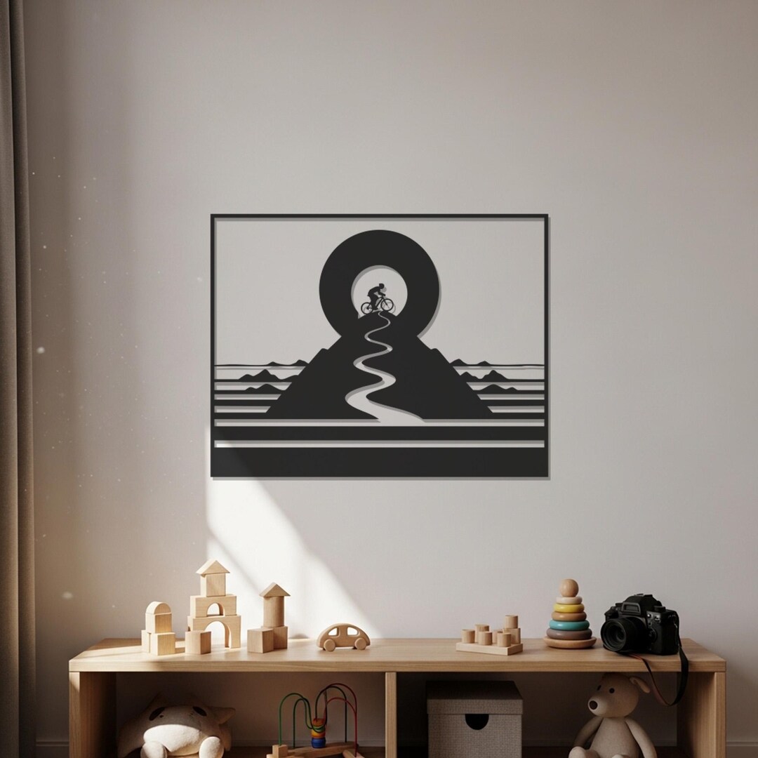 Cyclist Sunset Metal Wall Art Decor, Modern Mountain Biker Steel ...