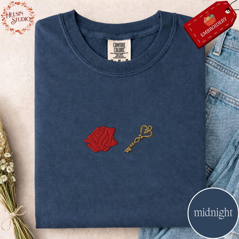 Rose Key Embroidered Shirt, Gothic Floral Motif, Dark Academia Gift ...