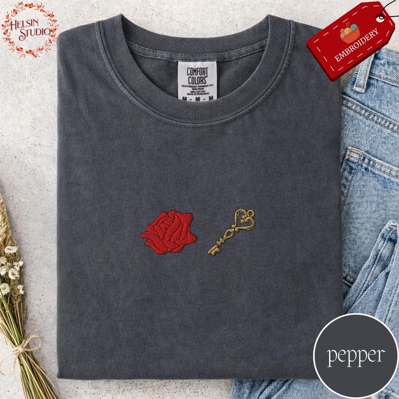 Rose Key Embroidered Shirt, Gothic Floral Motif, Dark Academia Gift ...