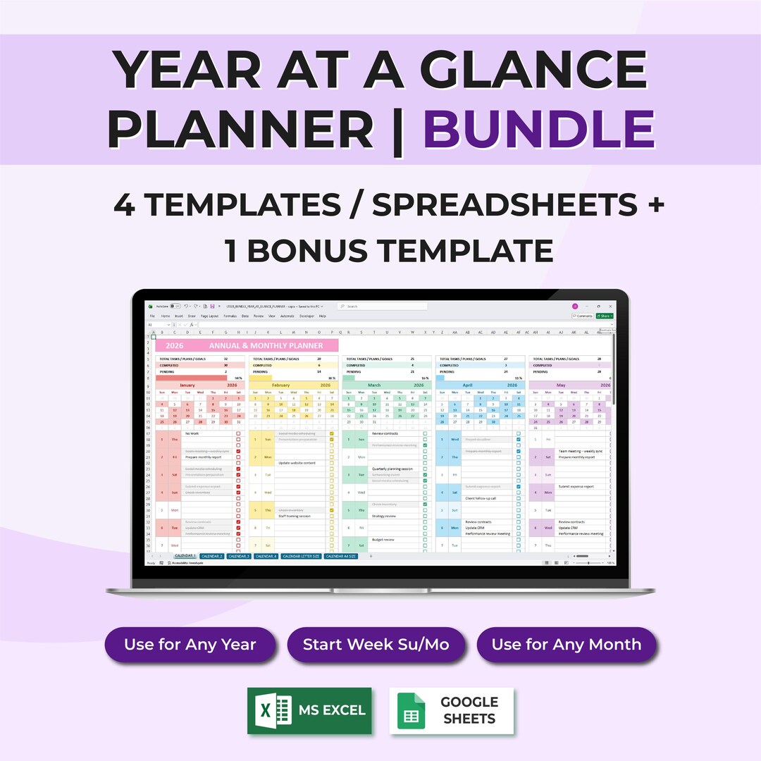 Year at a Glance Planner Excel & Google Sheets Template | Annual ...