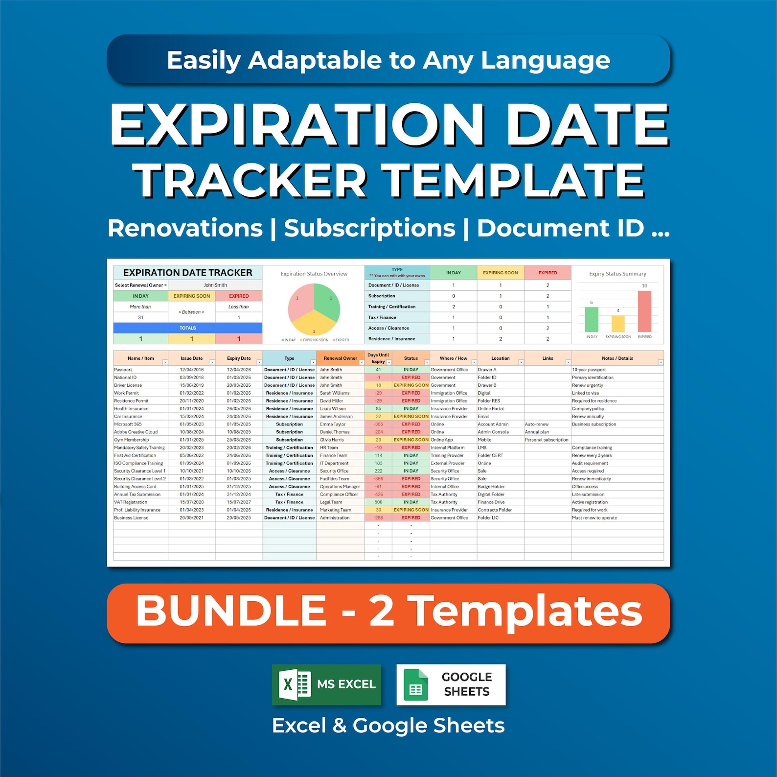 Expiration Date Tracker Excel Template, Due Date & Renewal Tracker ...