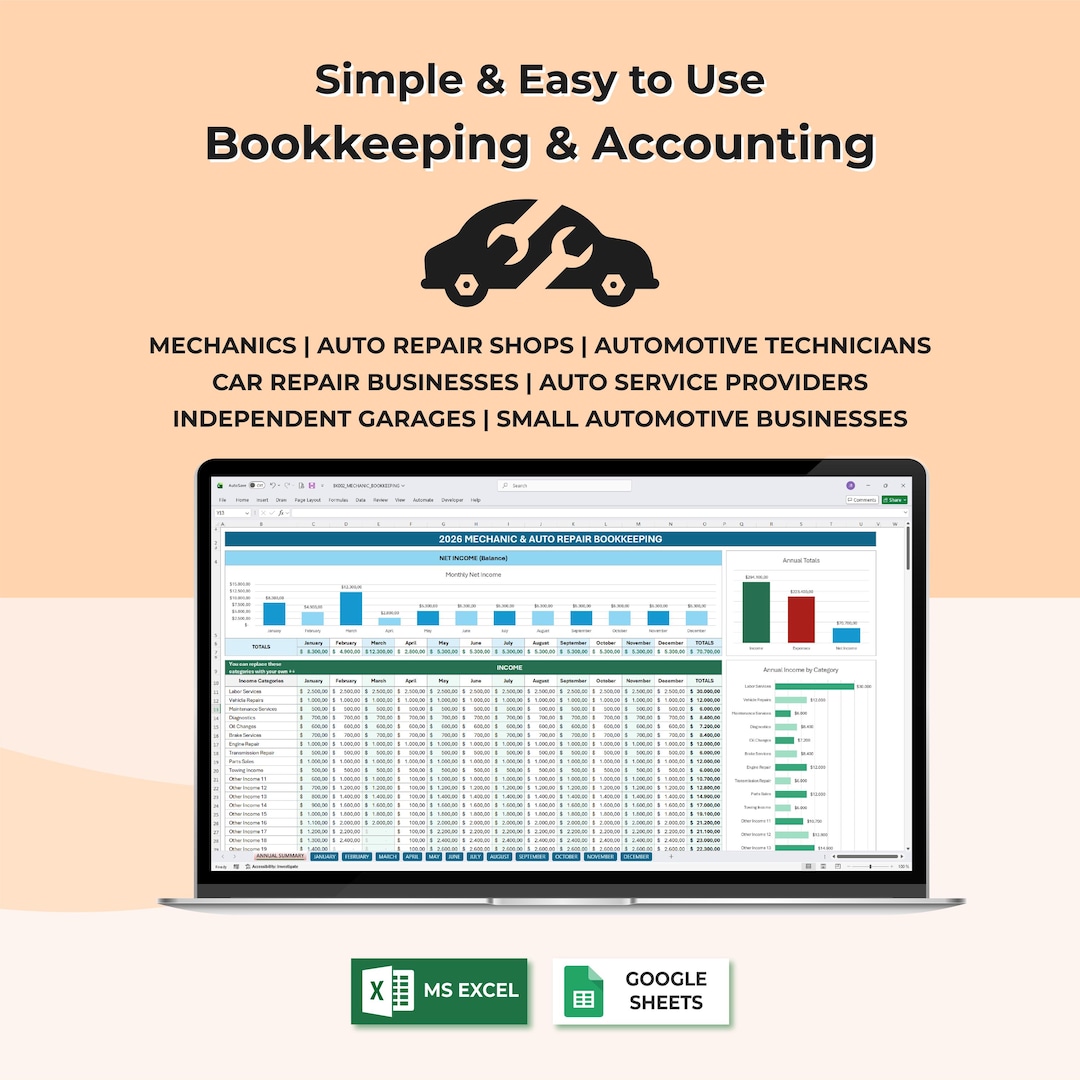Mechanic Bookkeeping Spreadsheet Template – Monthly Income, Expenses ...