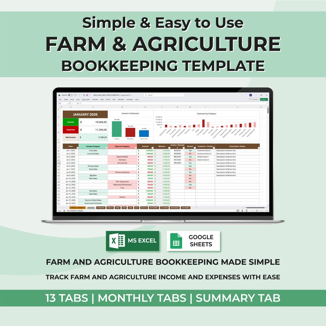 Agriculture & Farm Accounting Spreadsheet, Financial Records, Income ...